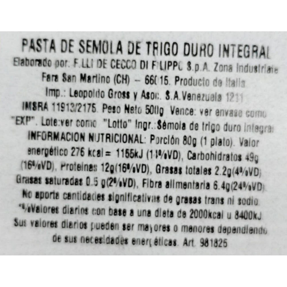 Fideos DE CECCO spaghetti integral 500 g - Géant